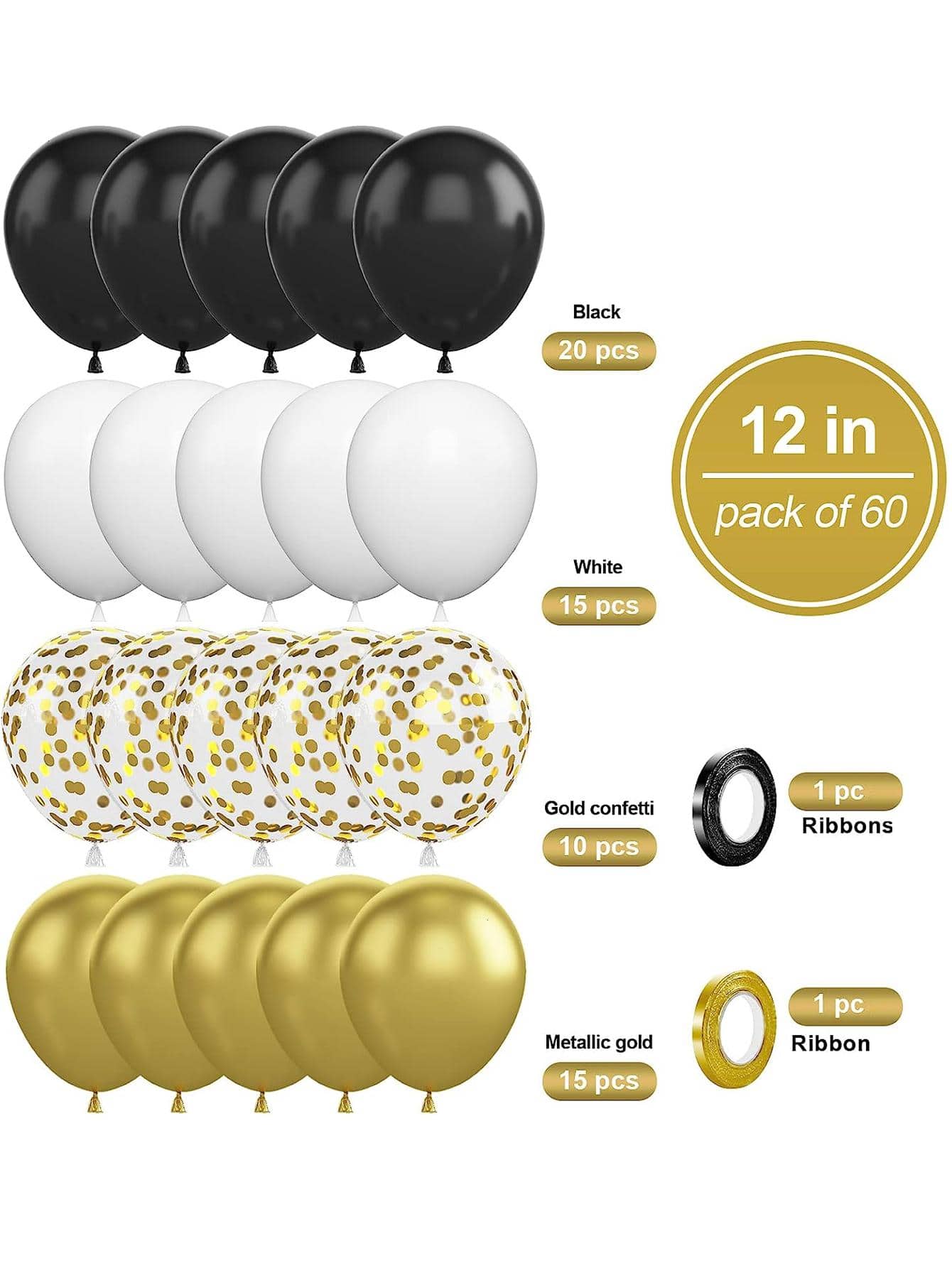 60pcs/pack Black And Gold Balloon Set, Including Black, White And Gold ...