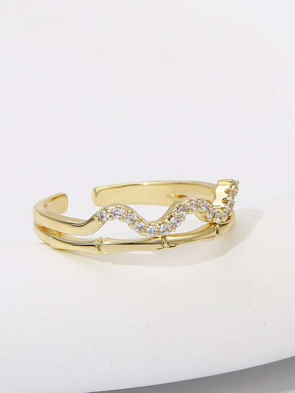 New Fashion AAA CZ Crystal Double Wave Gold Color Exquisite Open Rings ...