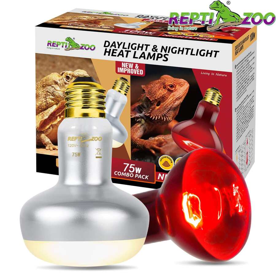 2PC 75W Reptile Heat Lamp Bulb, Day & Night Basking Spot Light Combo Pack Includes Infrared Heat ...