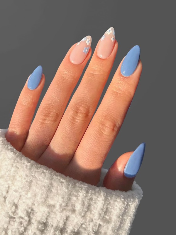 Transformar Teu Unhas Com 24 Peças Comprido Amêndoa Azul Sólido