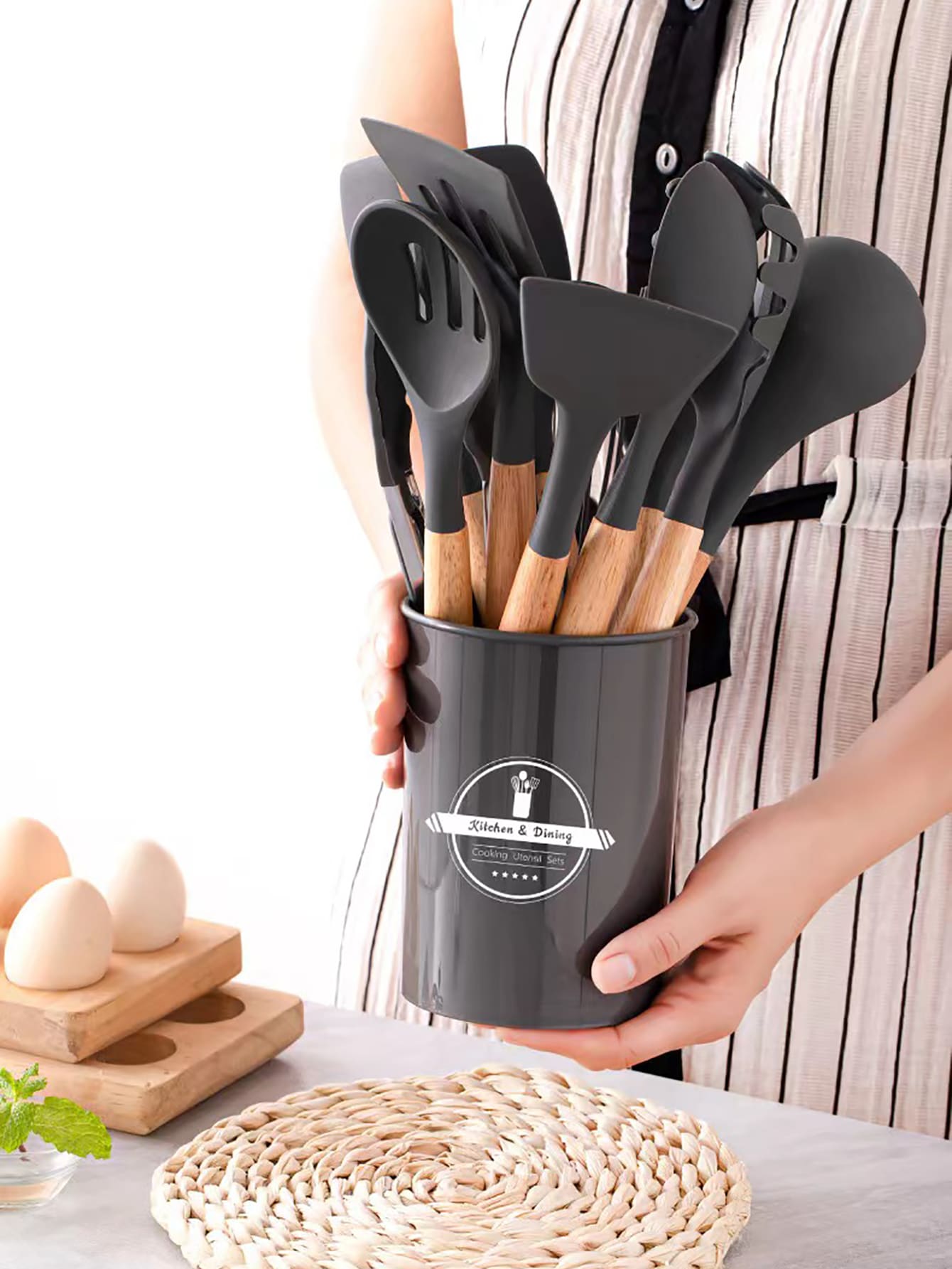 12pcs/Set Non-Stick Cookware Set With Silicone Components, Wooden ...