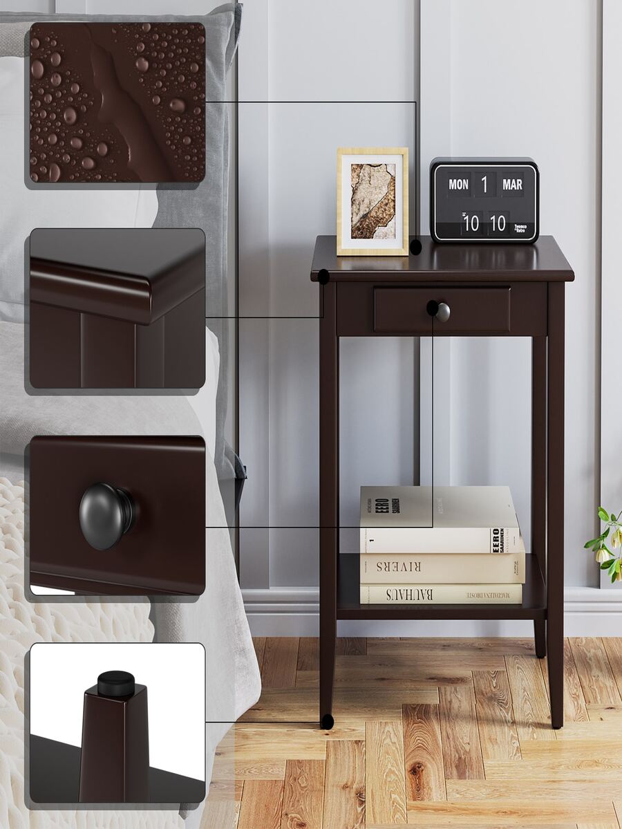 Side Table with Drawer with 2 Tier Storage Shelves Bedside Table Slim ...