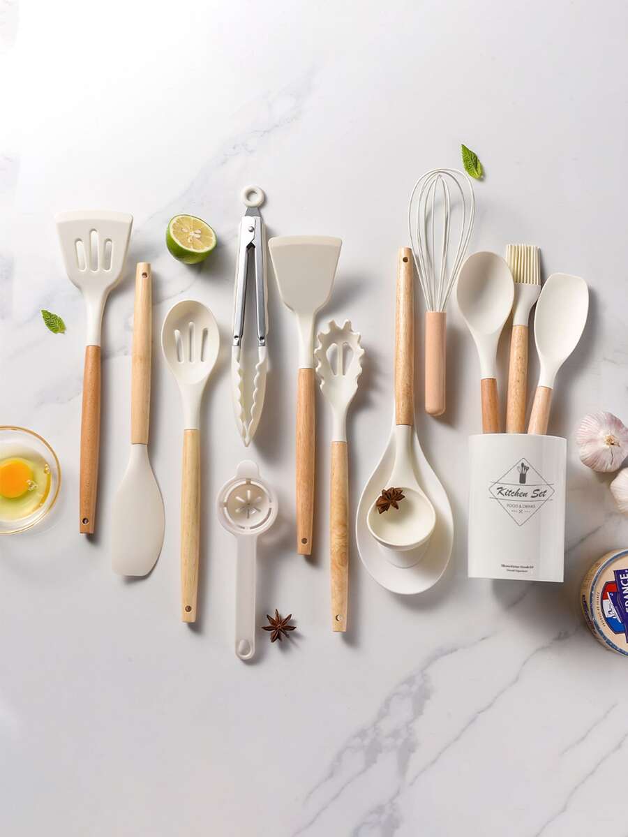 14 Pcs Silicone Cooking Kitchen Utensils Set with Holder, Wooden ...