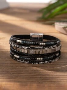 1pc Bohemian PU Polyurethane Rhinestone Decor Layered String Bracelet ...