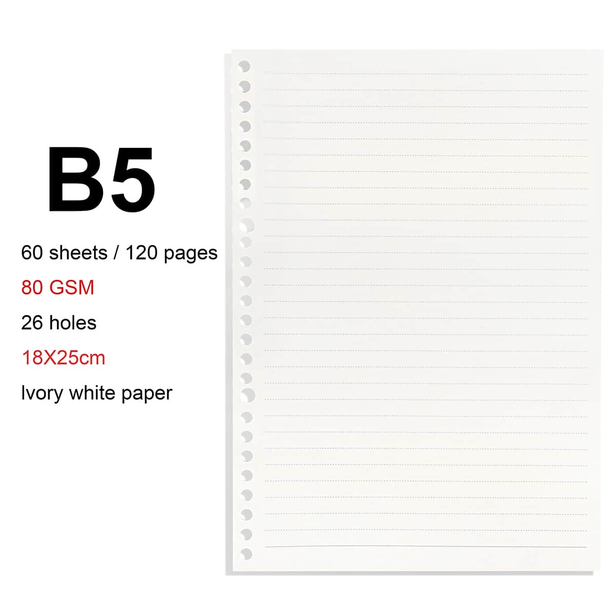 White B5 Loose-leaf Notebook With Horizontal Line Pages, 26 Holes ...