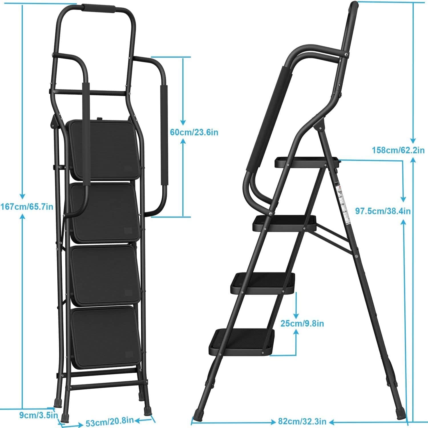 4 Step Ladder with Handrails Folding Step Stool with Attachable Tool ...