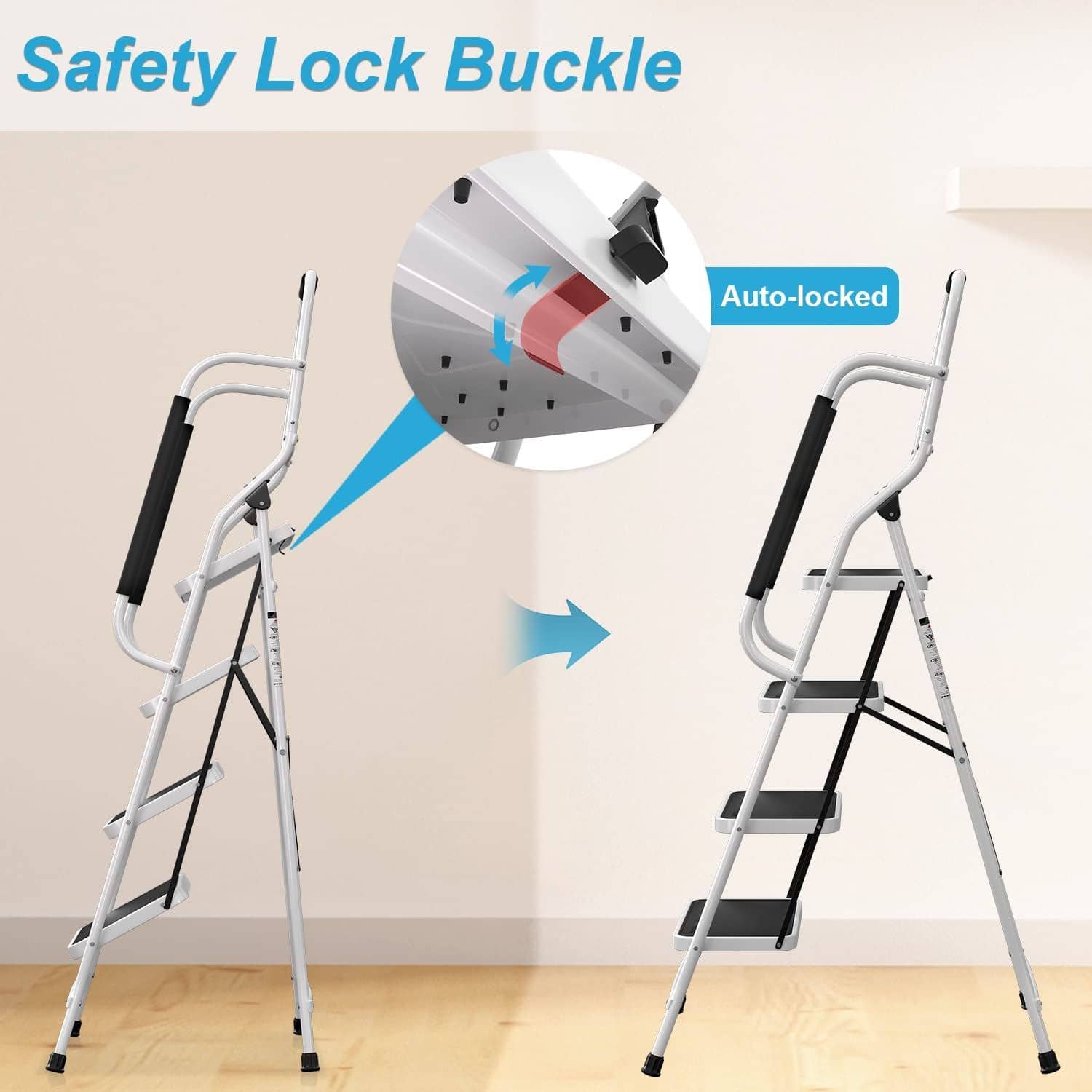 4 Step Ladder with Handrails Folding Step Stool with Attachable Tool ...