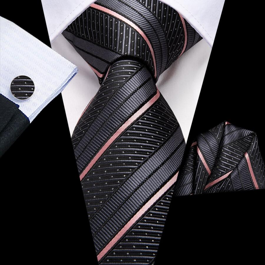 Mens Tie Pink Black Striped Hanky Cufflinks Set Silk Bussiness Work ...