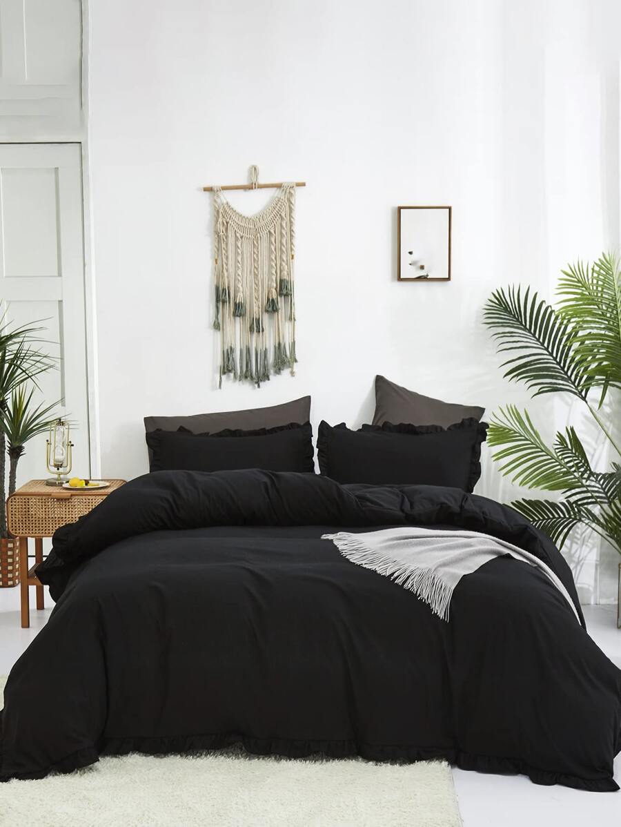 Black Creamy Girly Heart Ruffles Skin-Friendly Brushed Quilt Cover ...