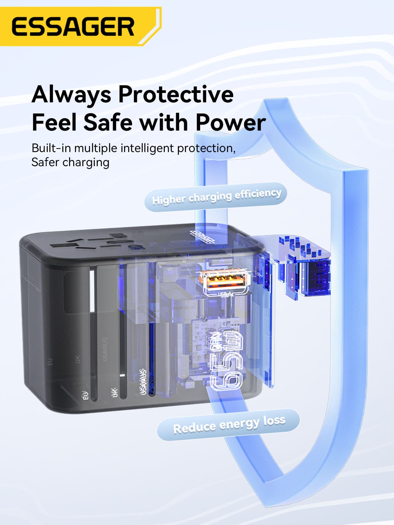 Essager 65W GaN Universal Travel Adapter With 2 USB Ports 3 Type C Fast ...