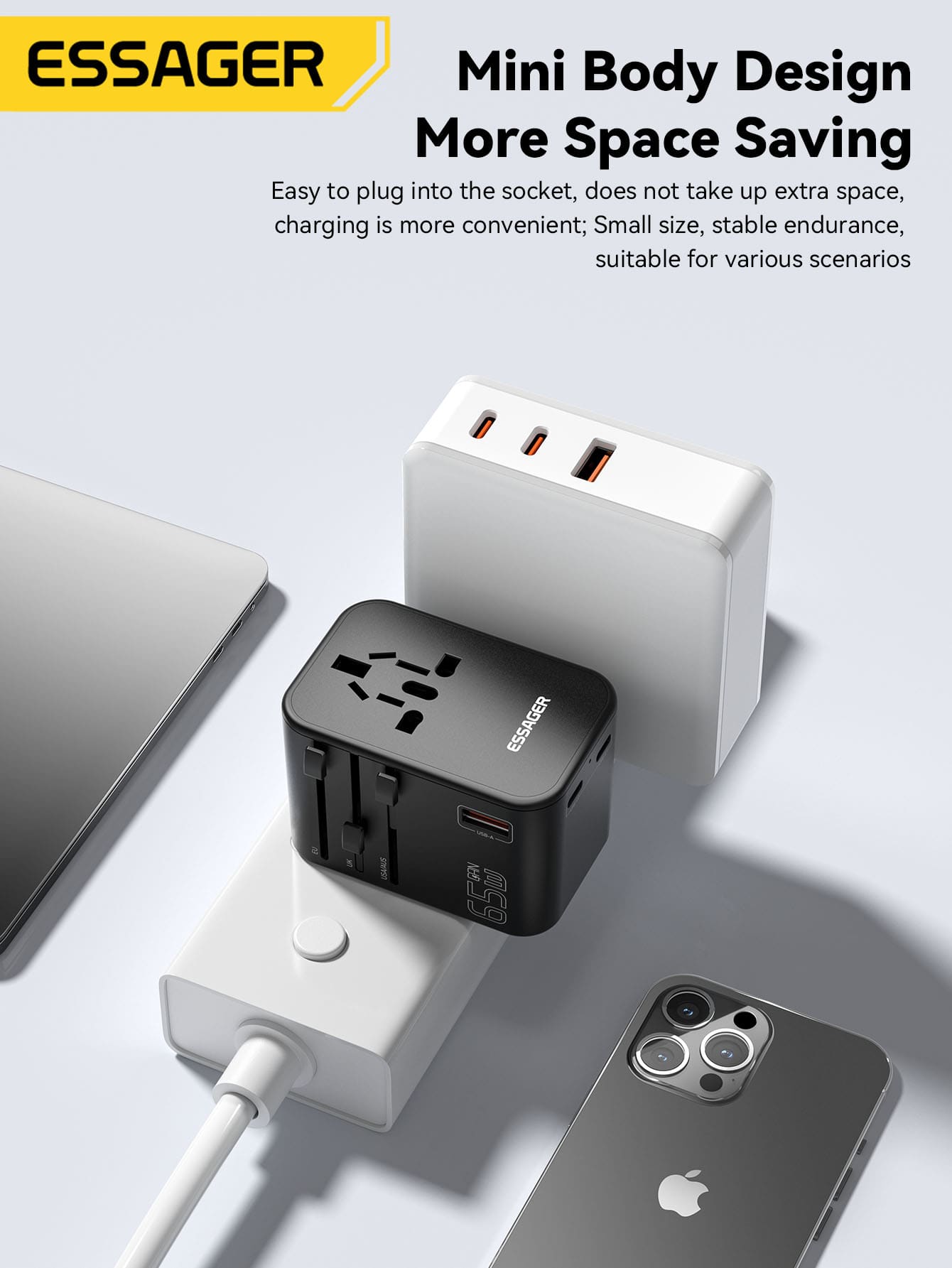 ESSAGER Essager 65W Universal Travel Adapter With 2 USB Ports 3 Type C Fast Charging Power ...