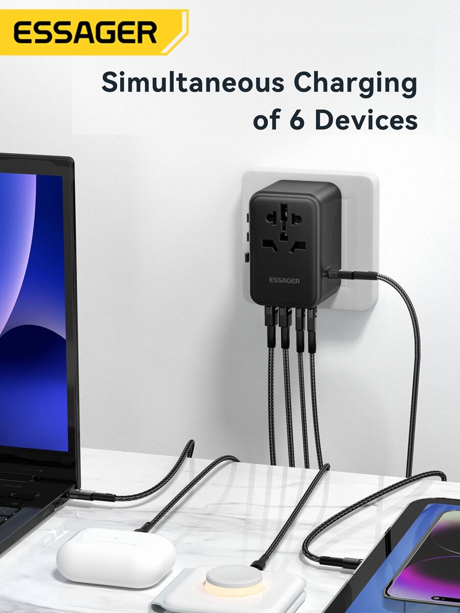 Adaptador de viagem universal Essager 65W GaN com 2 portas USB 3 Tipo C ...