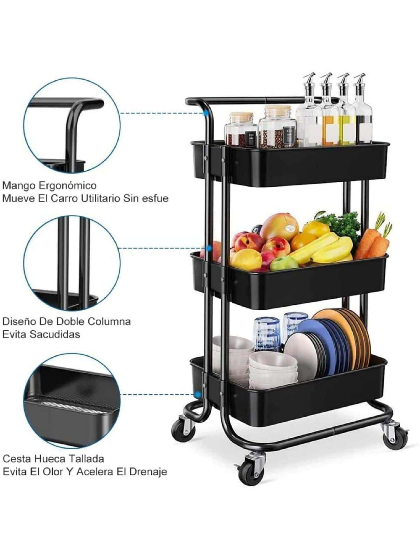 3 Tier Mesh Utility Cart, Rolling Metal Organization Cart with Handle ...