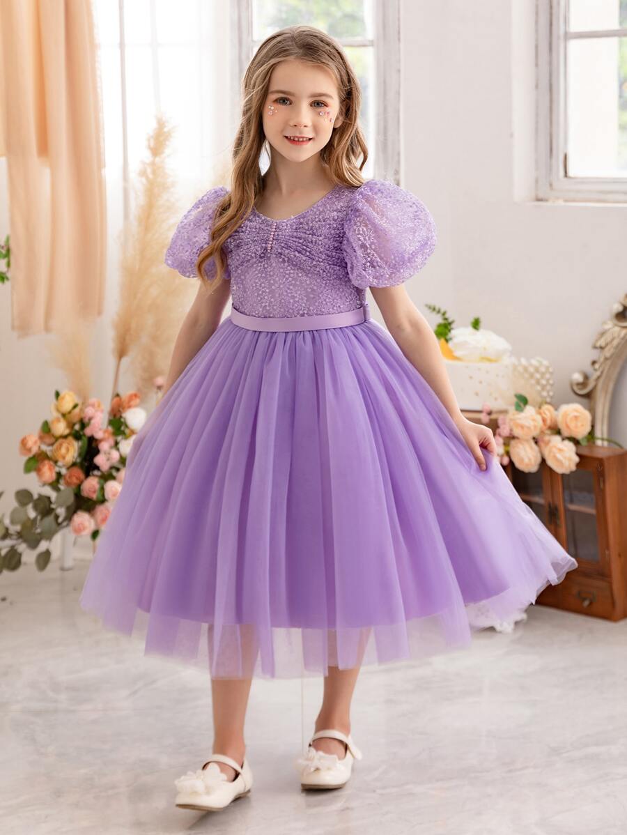 Young Girl Puff Sleeve Mesh Overlay Party Dress | SHEIN USA