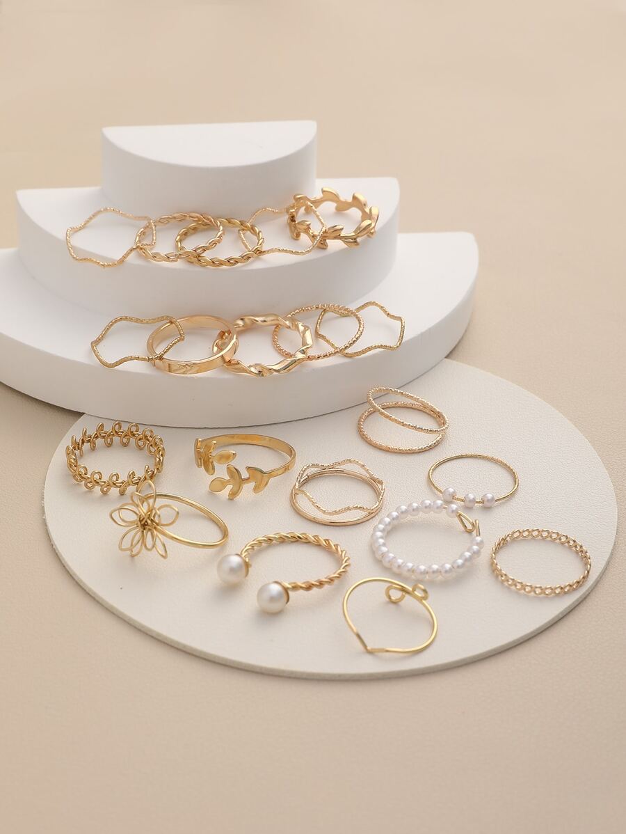 20pcs/Set Fashion Zinc Alloy Leaf Flower Faux Pearl Decor Ring For ...