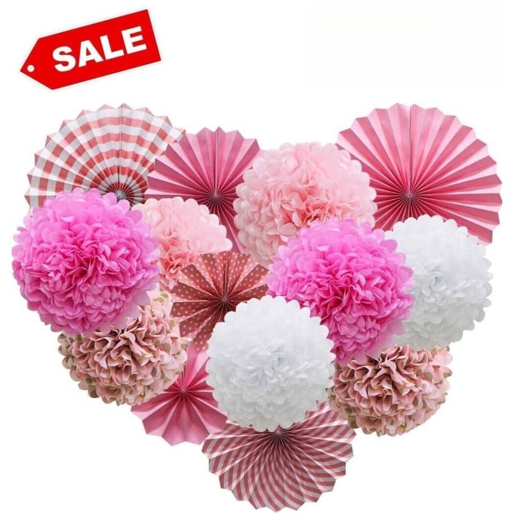 Pink Hanging Paper Party Decorations, Round Paper Fans Set Paper Pom ...