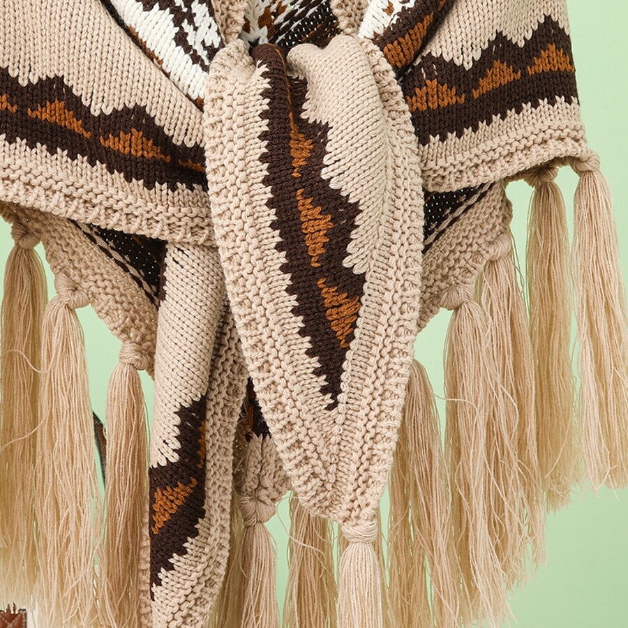 Vintage Knitted Triangular Fringe Shawl Poncho | SHEIN UK