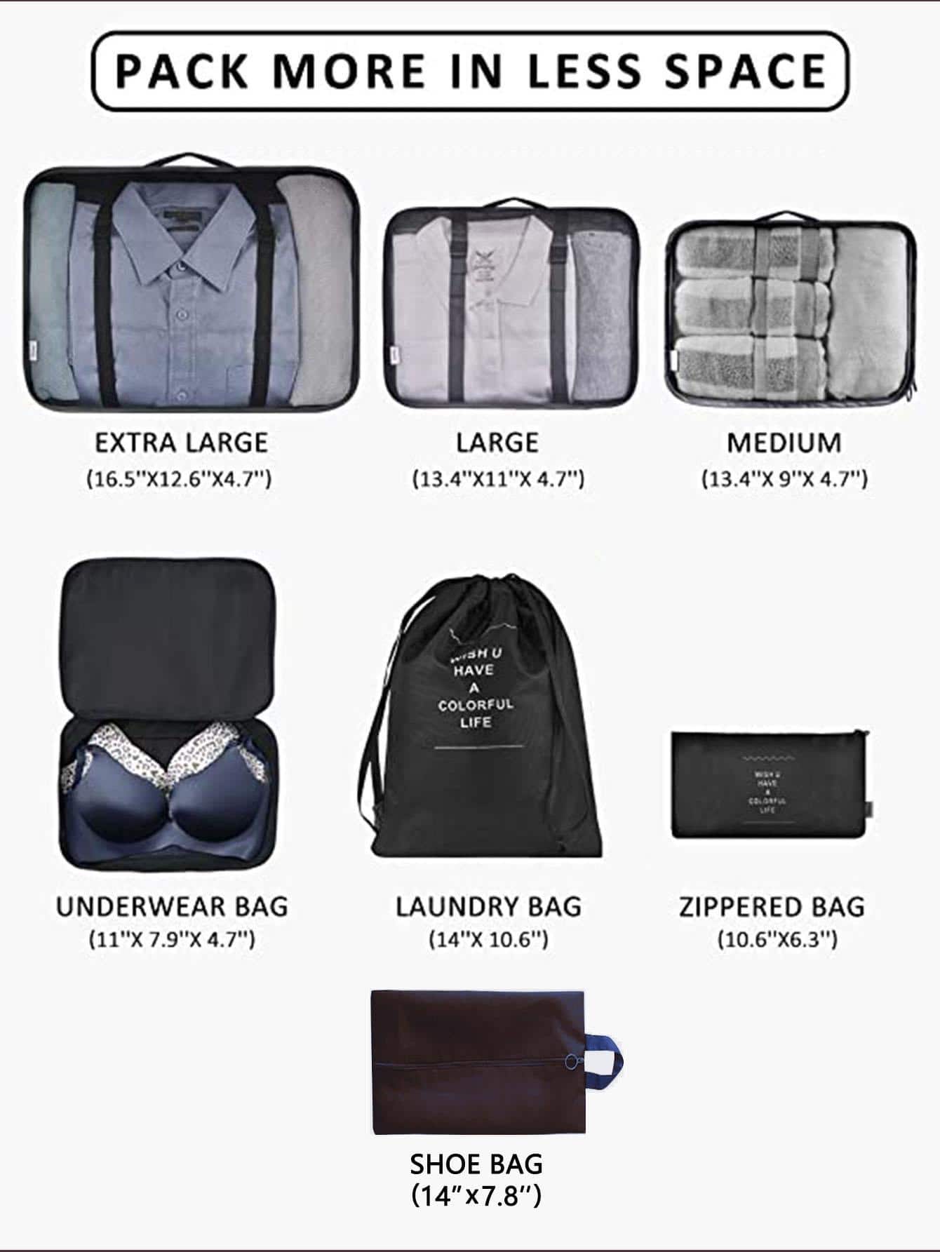 7pcs Packing Cubes Luggage Packing Organizers For Travel Black School ...