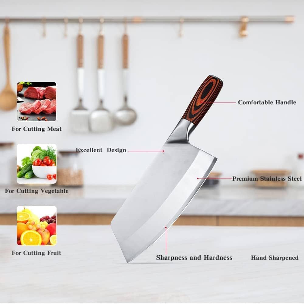 Meat Cleaver Knife, 8 Inch Butcher Knife, Chef Carbon Steel Kitchen ...