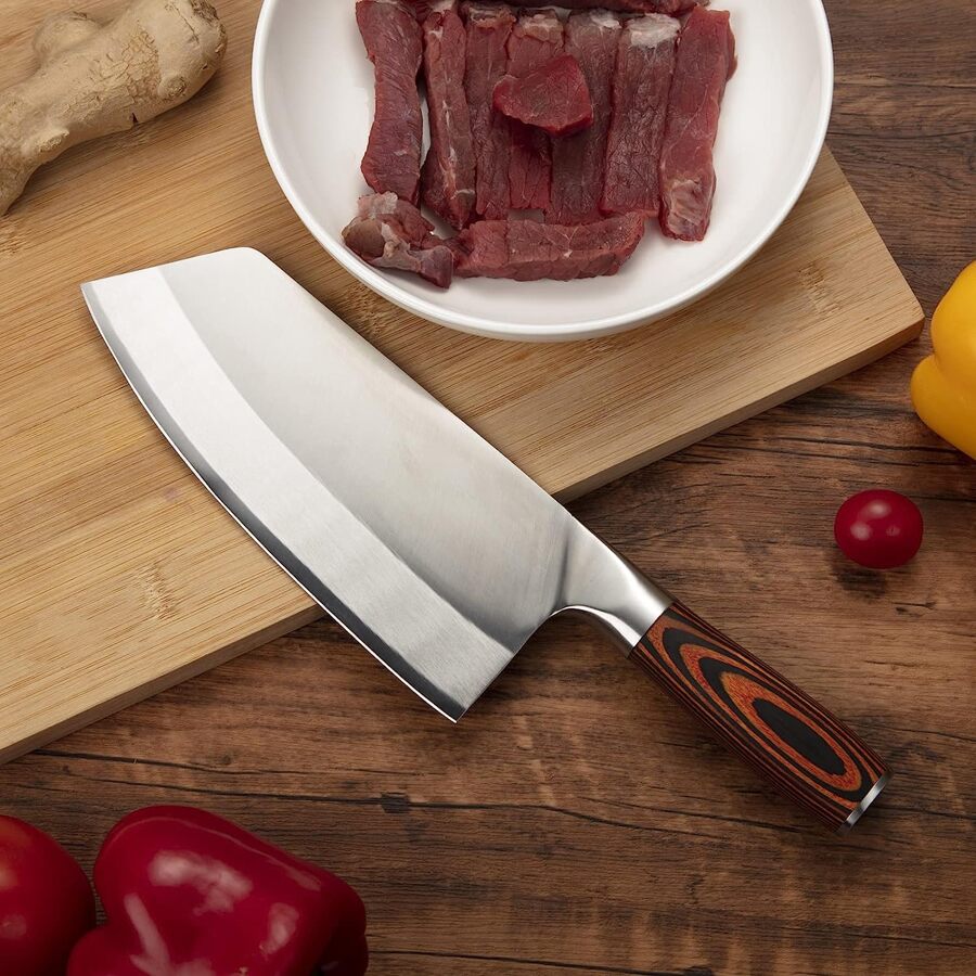 Meat Cleaver Knife, 8 Inch Butcher Knife, Chef Carbon Steel Kitchen ...