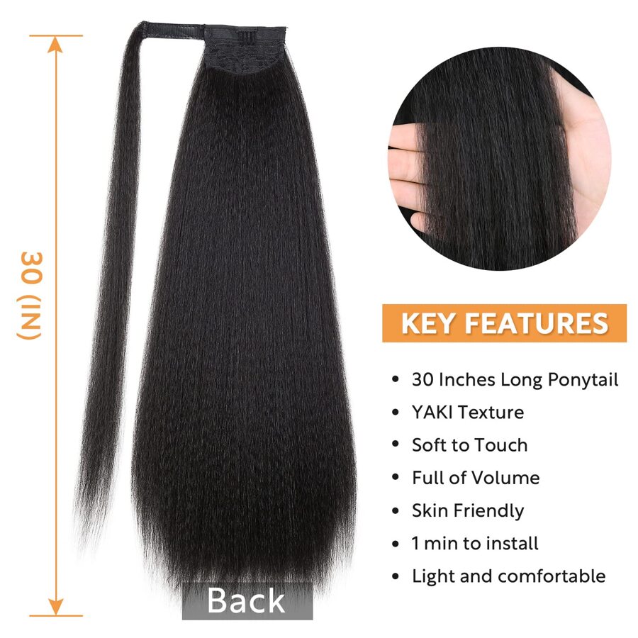 30 Inch Natural Black Kinky Straight Ponytail Extensions Long Hair Wrap ...
