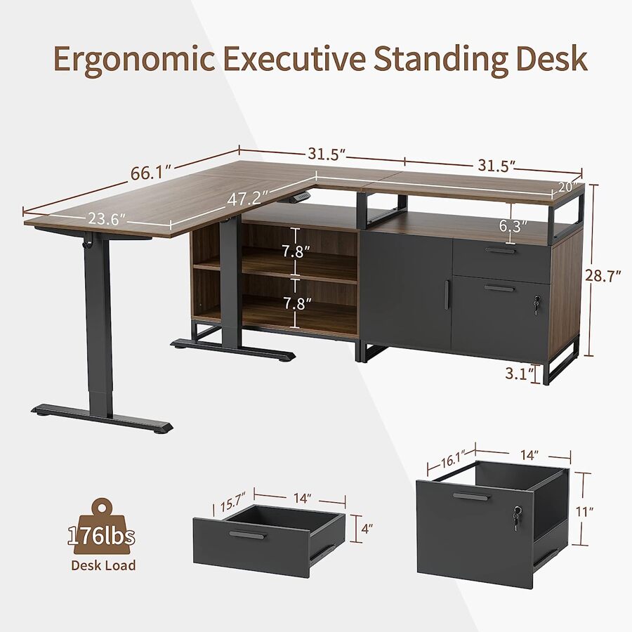 63 Inch Executive L Shaped Standing Desk With 2-Drawer File Cabinet ...