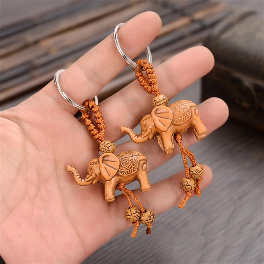 1pc Vintage Polyresin Lucky Elephant Carved Pendant Keychain Key Ring ...