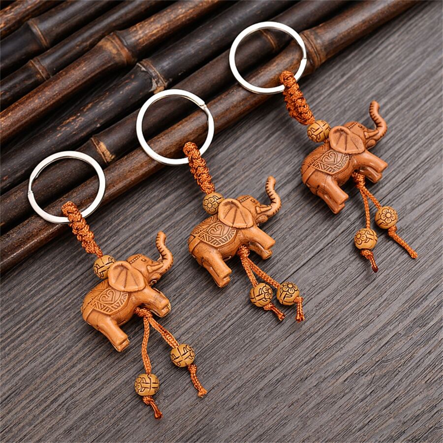 1pc Vintage Polyresin Lucky Elephant Carved Pendant Keychain Key Ring ...