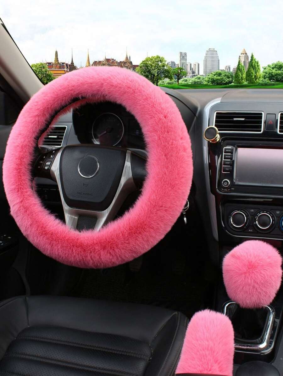 3pcs Fluffy Car Steering Wheel Cover & Handbrake & Gear Shift Cover Set ...