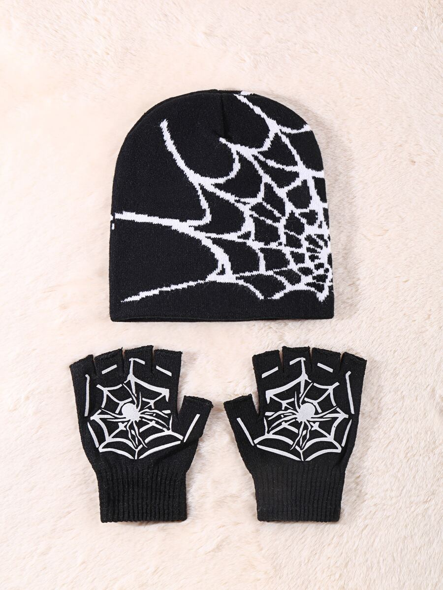 1 Set Of Y2k Spider Web Design Hat And Gloves For Streetwear And ...