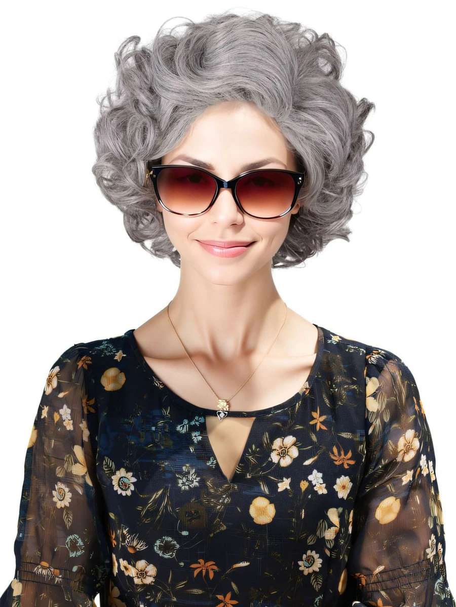 Old Lady Short Bob Curly Light Grey Heat Resistant Synthetic Wig for ...