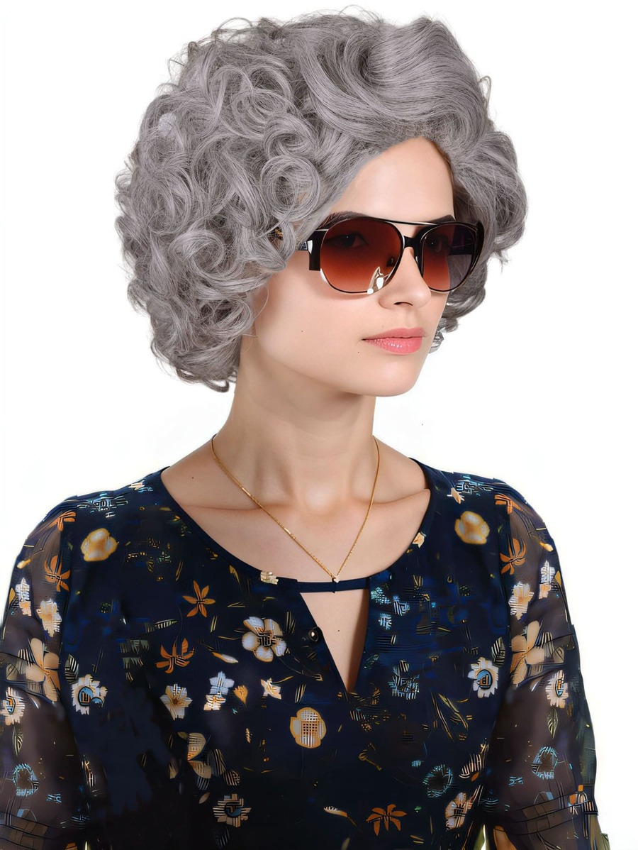 Old Lady Short Bob Curly Light Grey Heat Resistant Synthetic Wig for ...