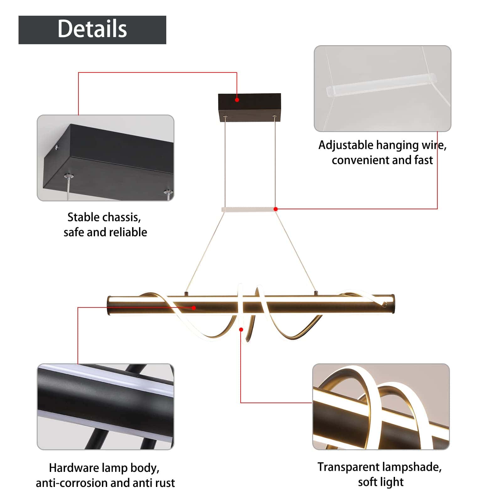 Modern Pendant Light, 55W Dimmable LED Chandelier With Remote, Linear ...