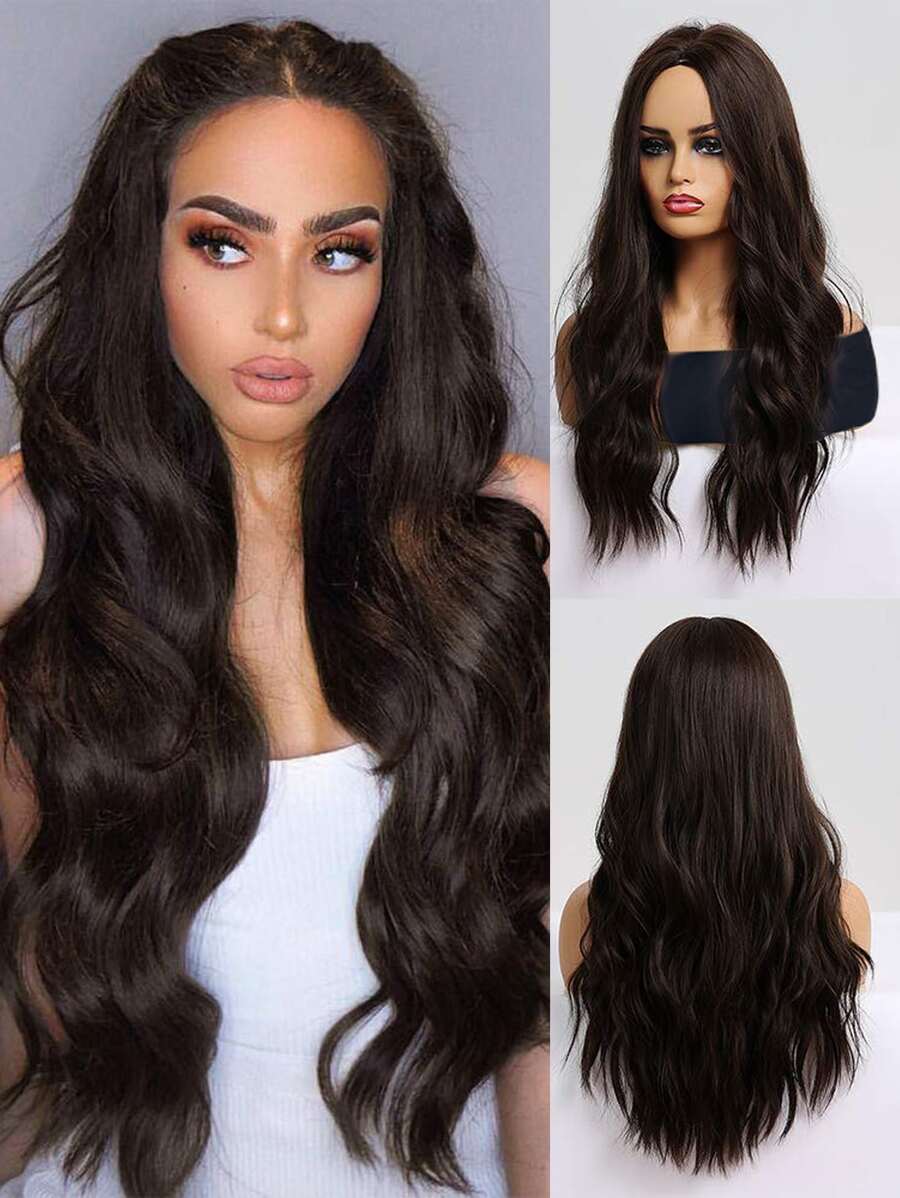 24 "long natural brown wavy wig Women's Heat resistant Curly wig Fluffy ...