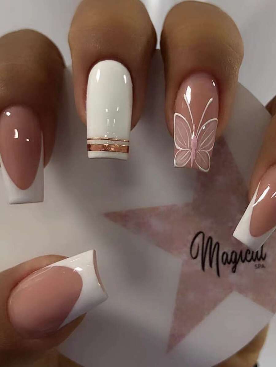 24pcs/Box White French Style False Nails Classy Look Elongated Ballet ...