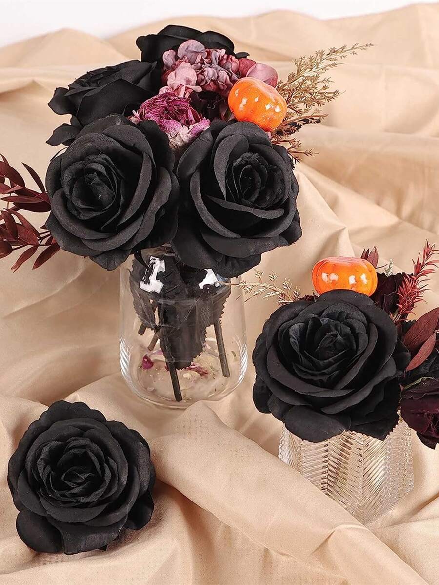 10packs Artificial Black Flowers Roses Fake Silk Flower With Long Stem ...