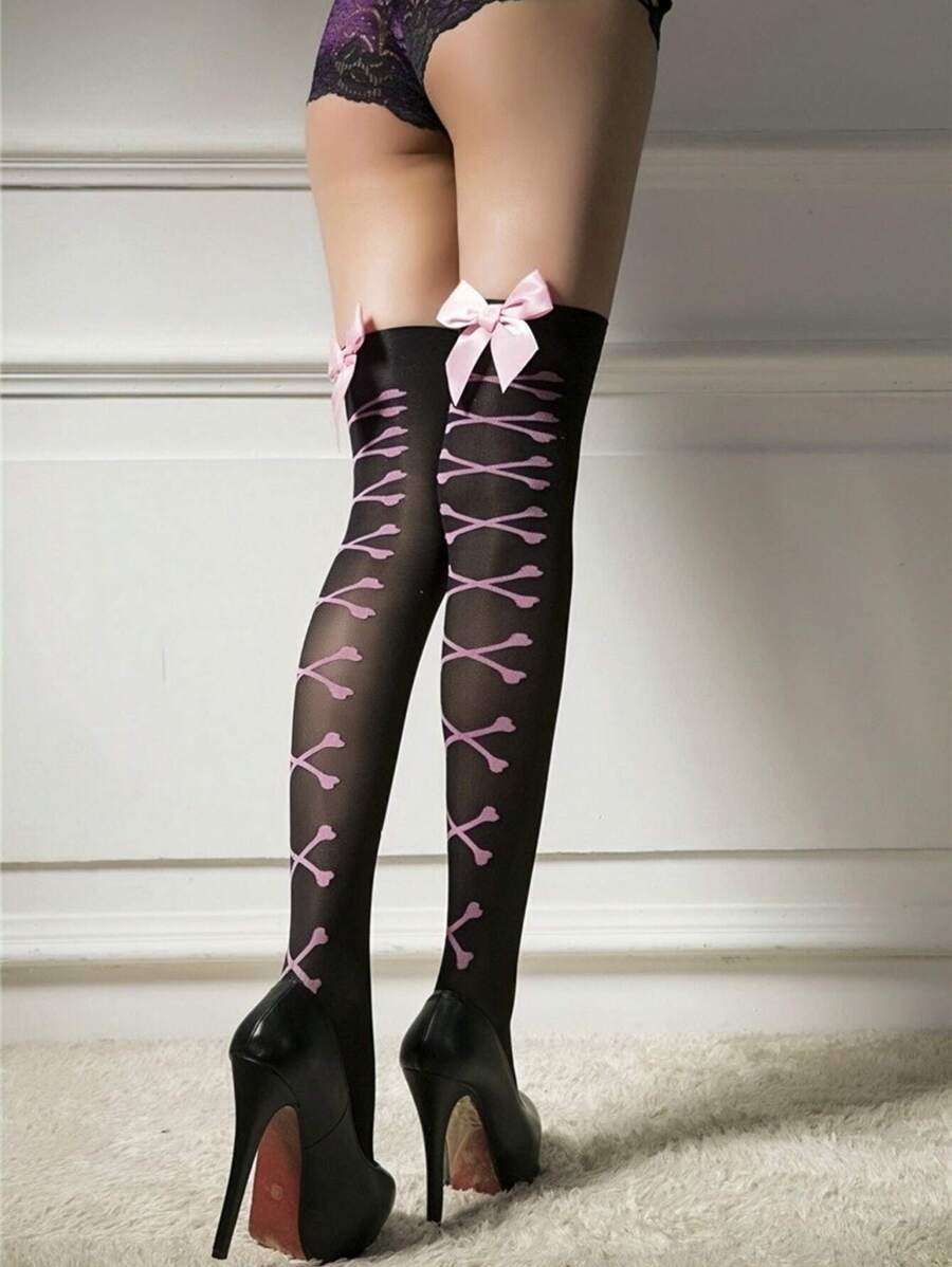 1 pair Women's Sexy Stockings Bow Lace Fishnet Thigh High Over The Knee Socks Stockings | SHEIN USA