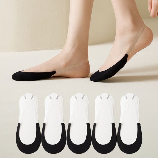 5 Pairs Black Anti-slippery & Transparent Strap & Half Foot Socks ...