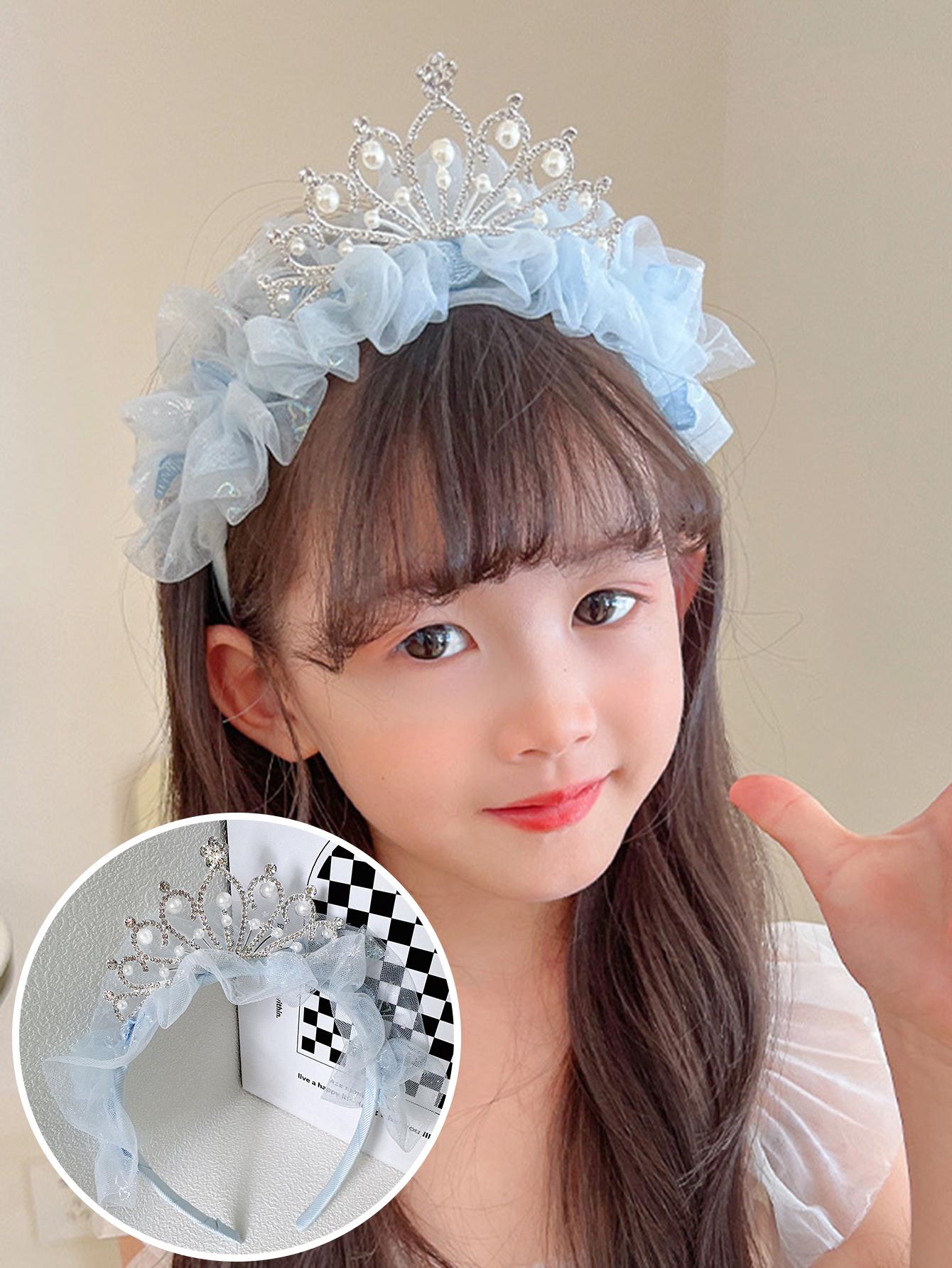 1pc Girls' Blue Princess Faux Pearl Crown Veil Hair Band, Hair-friendly ...