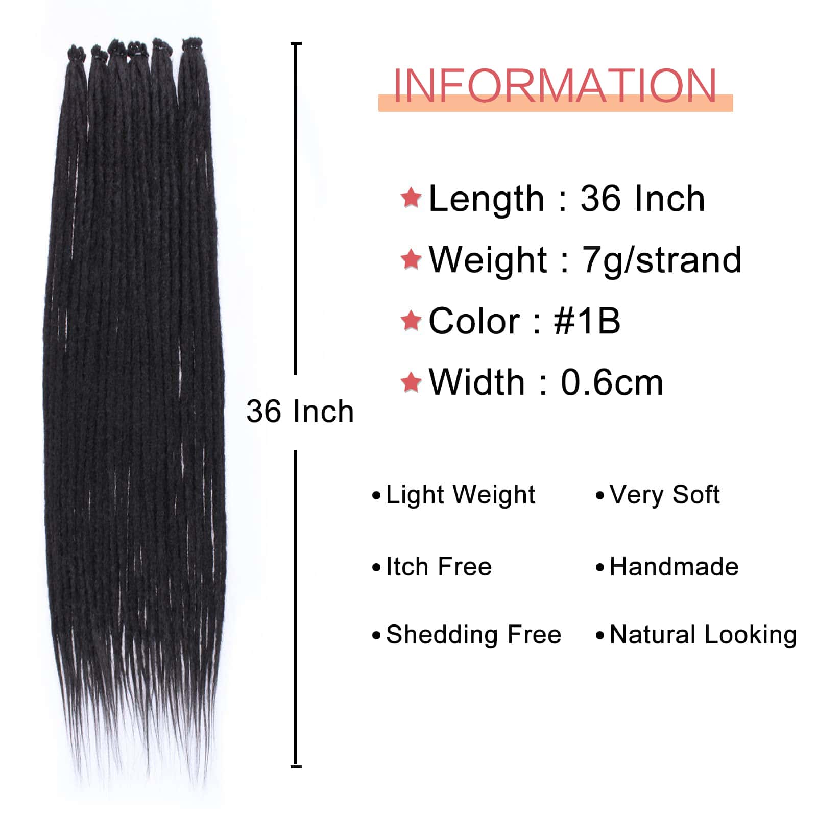 20 Strands 36 Inch Natural Black Single Ends Dreadlock Extensions Twist ...