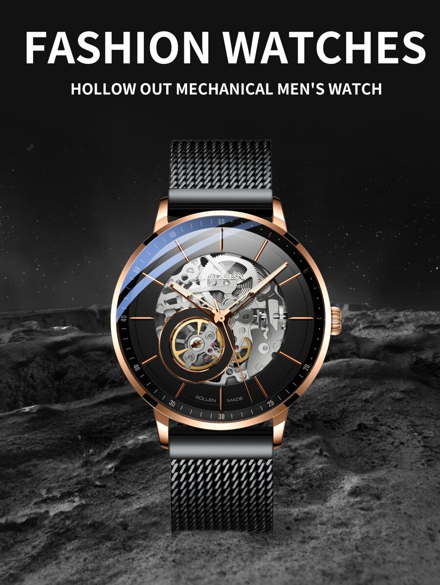 SOLLEN Automatic Mechanical Waterproof Stainless Steel Hollow Wrist ...