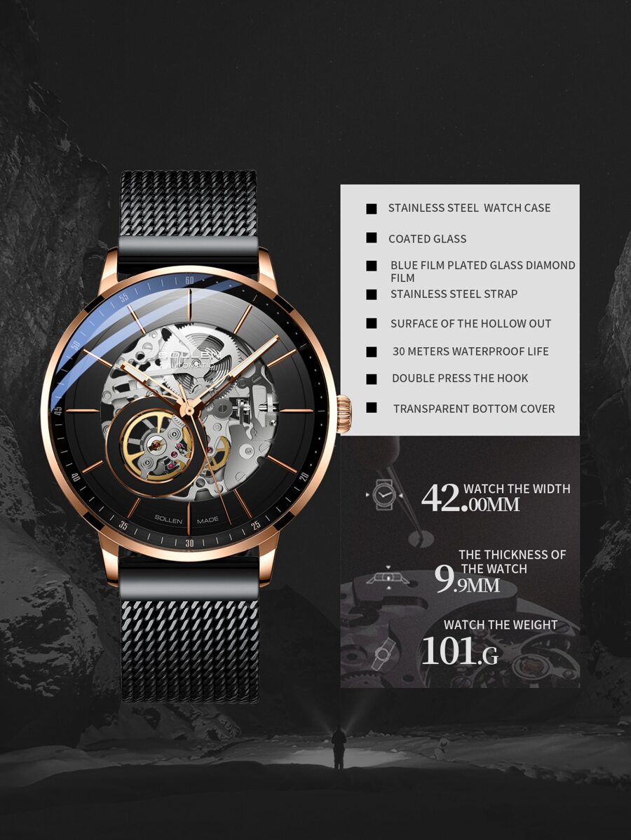 SOLLEN Automatic Mechanical Waterproof Stainless Steel Hollow Wrist ...