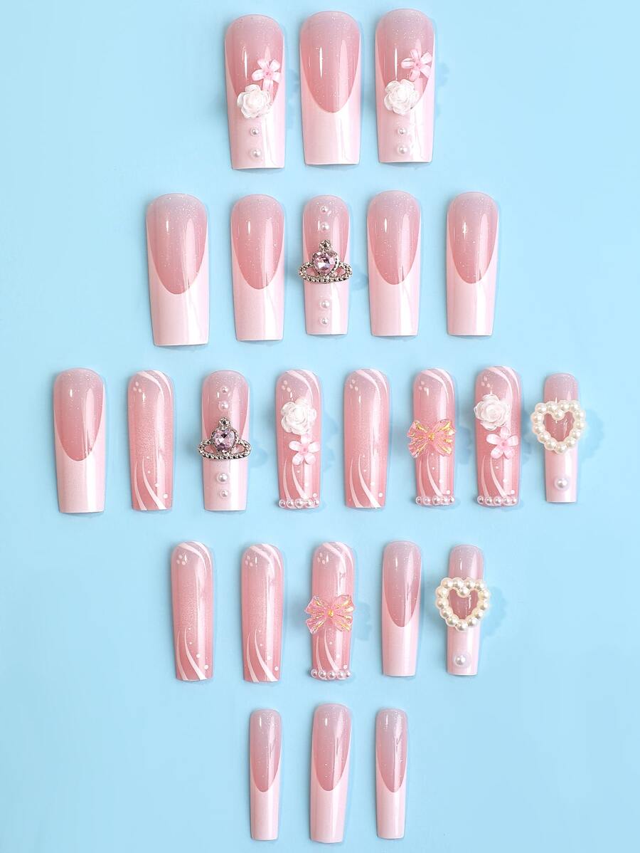 24pcs Long Square Acrylic False Nails Set Y2K Aesthetic Floral Bowknot ...