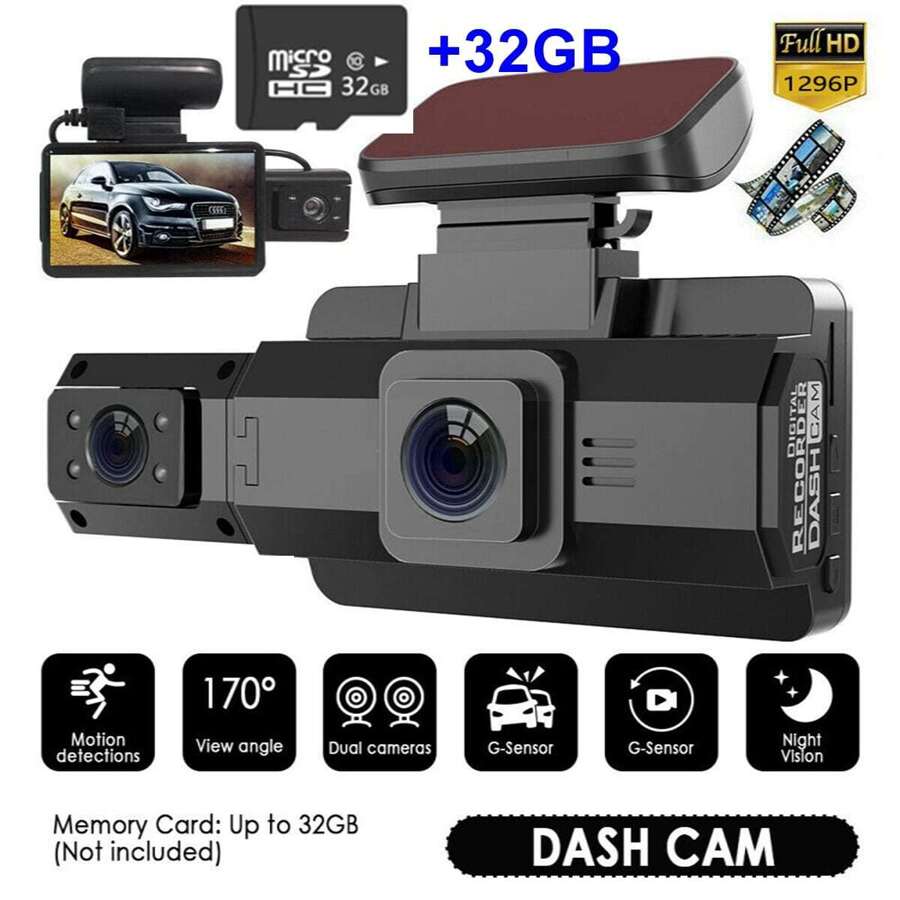 Dual Camera Night Vision Car Dash Cam, 3inch Dash Cam 1296P, G Sensor ...