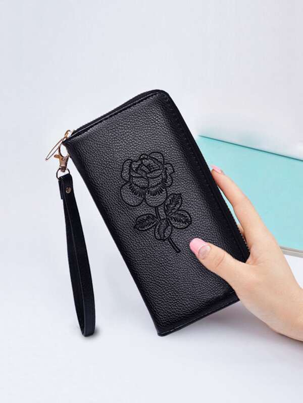 Women's Floral Print Lychee Pattern Long Wallet With Zipper, Multi ...