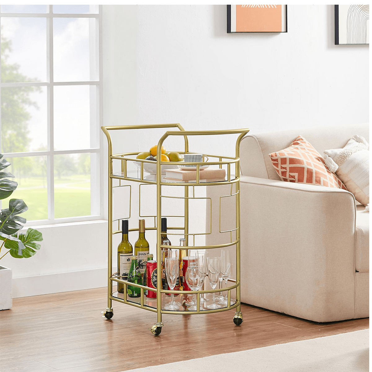 Rolling Bar Cart, 2-Tier Metal Mobile Home Bar Serving Carts with Wine ...