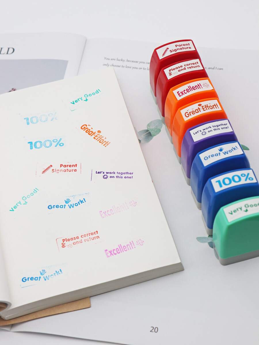 8 pcs Teacher Stamp Set Colorful Self-Inking Motivation School Grading Stamps Encouraging ...