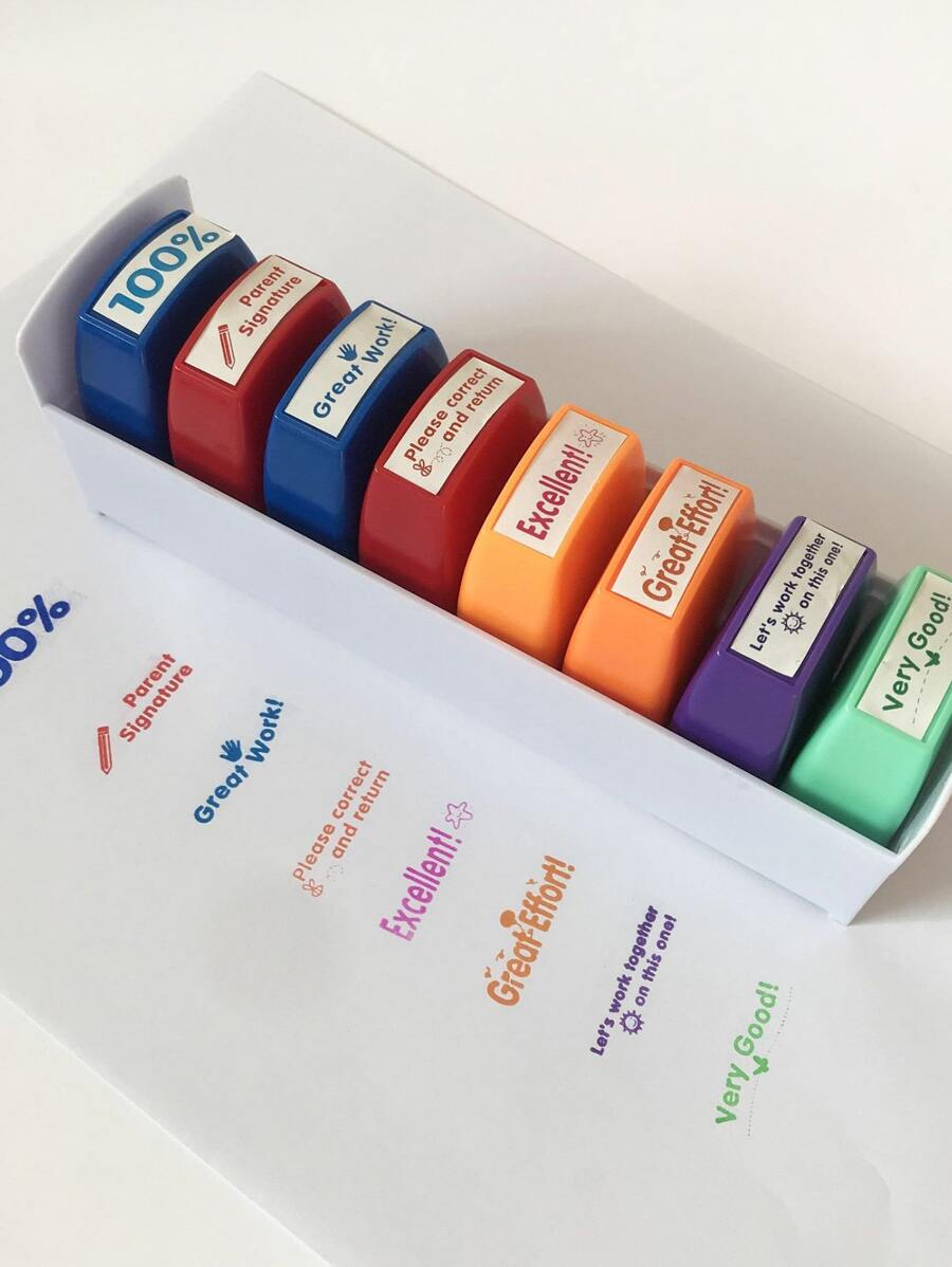 8 pcs Teacher Stamp Set Colorful Self-Inking Motivation School Grading Stamps Encouraging ...