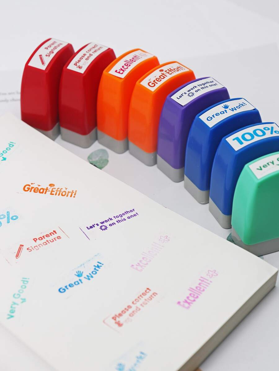 8 pcs Teacher Stamp Set Colorful Self-Inking Motivation School Grading Stamps Encouraging ...