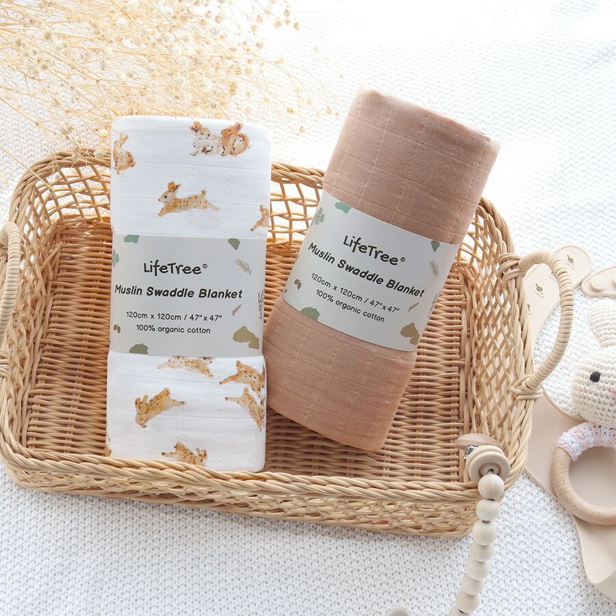 LifeTree Muslin Swaddle Blankets 2 Pack Set, 100% OrganicCotton, Large ...